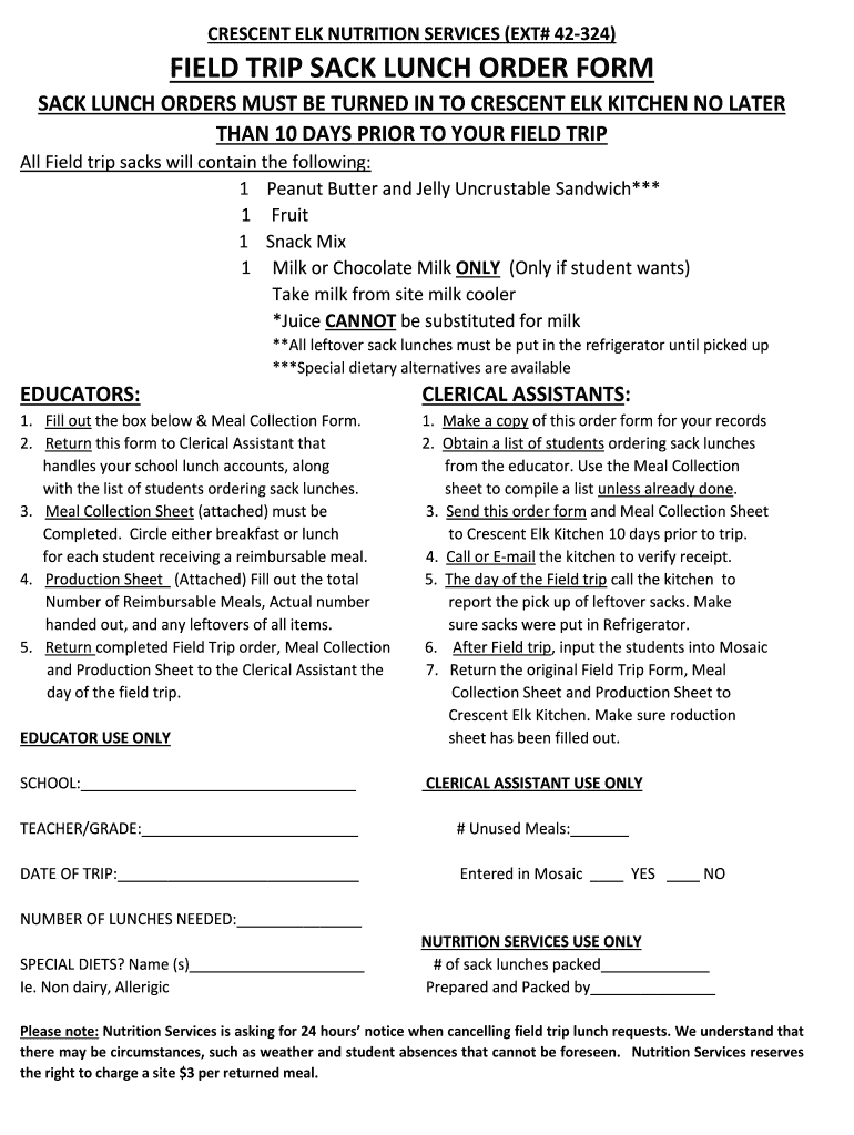 Fillable Online field trip sack lunch order form - ISITE Software ...