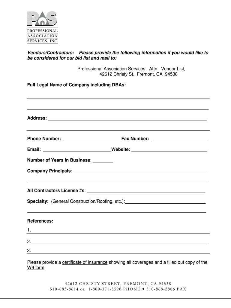 Fillable Online vendor bid list form.doc Fax Email Print - pdfFiller