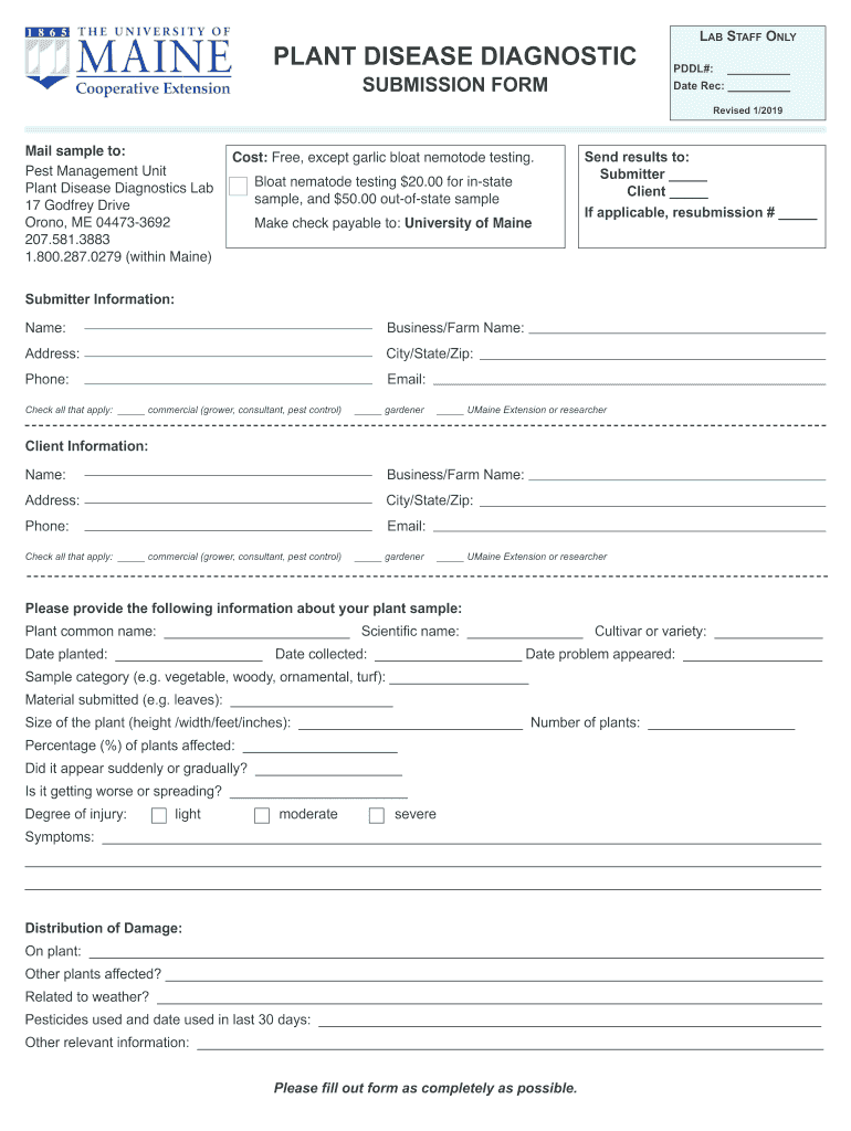 University of Maine Plant Disease Diagnostic Submission Form - Fill ...