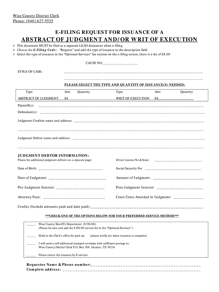 Fillable Online co wise tx Efiling Request for Abstract or Writ of Execution Fax Email Print ...