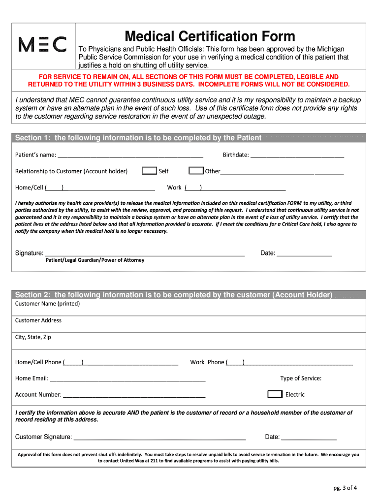 Fillable Online MEC Medical Certification Form - Critical Care Utility ...