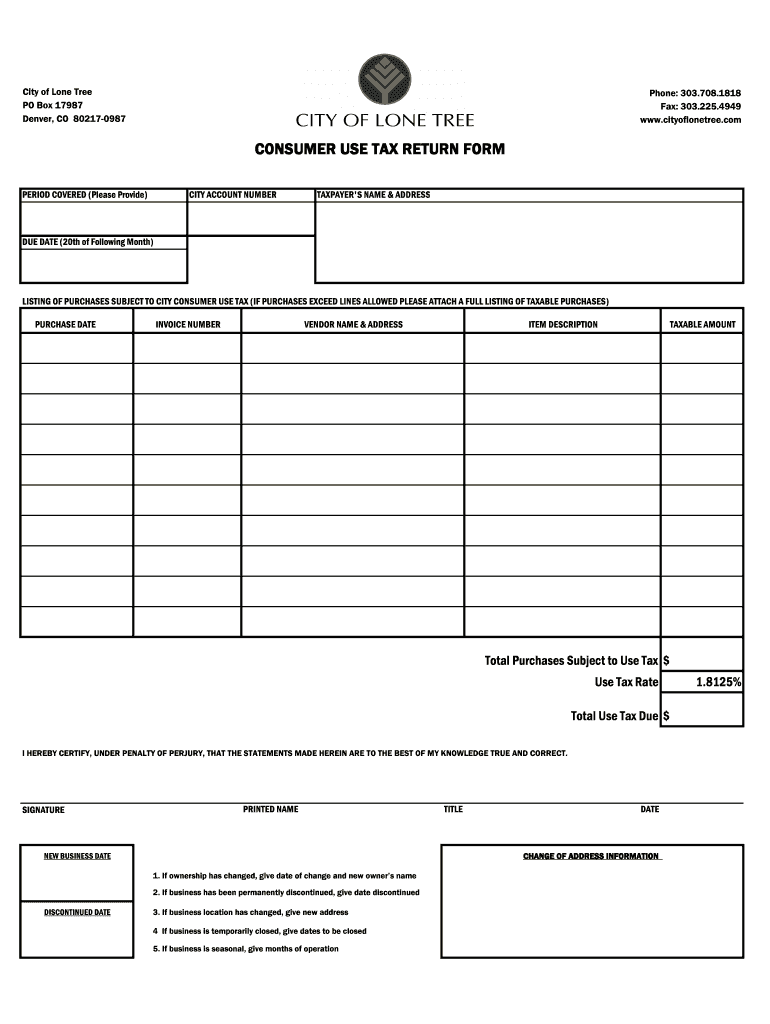 Fillable Online CONSUMER USE TAX RETURN FORM Fax Email Print - pdfFiller