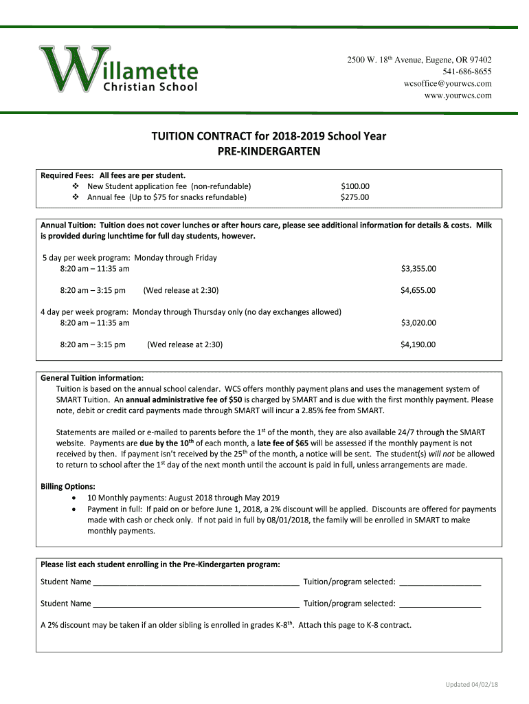 Fillable Online TUITION CONTRACT for 2018-2019 School Year PRE ...