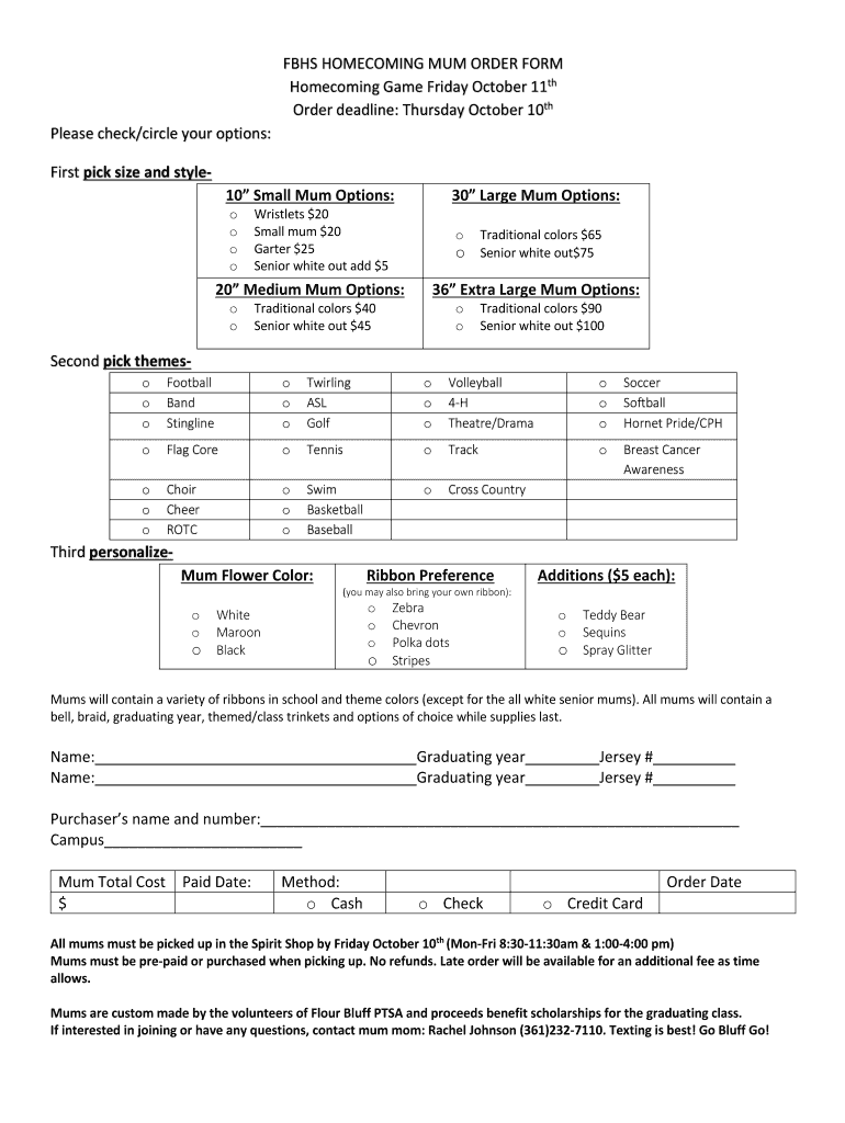 Fillable Online Homecoming Mum Order Form - bymygurybofe.mlComing Soon ...