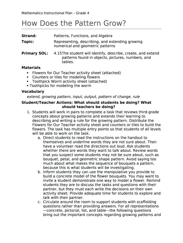 4-15 how does the pattern grow. mathematics Doc Template | pdfFiller