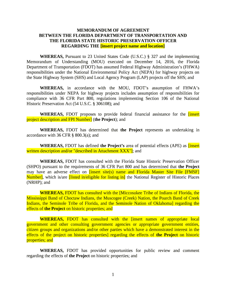 FDOT MOA Template Doc Template | pdfFiller