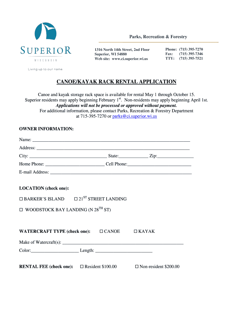 Fillable Online canoe/kayak rack rental application - City of Superior Fax Email Print - pdfFiller