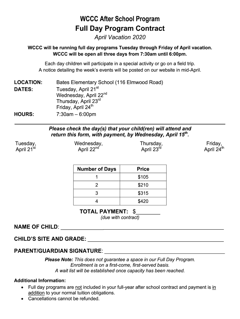 Fillable Online WCCC After School Program Full Day Program Contract Fax Email Print - pdfFiller