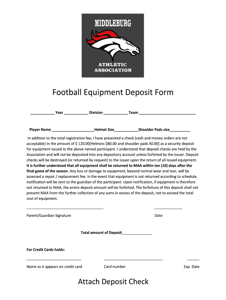Fillable Online Football Equipment Deposit Form - Middleburg Athletic ...
