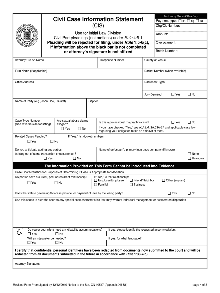 Fillable Online SAMPLE FORM J CIVIL CASE INFORMATION STATEMENT Fax ...