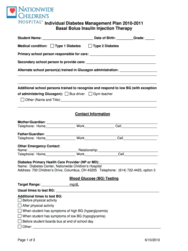 Fillable Online Individual Diabetes Management Plan BASAL BOLUS NCH ...