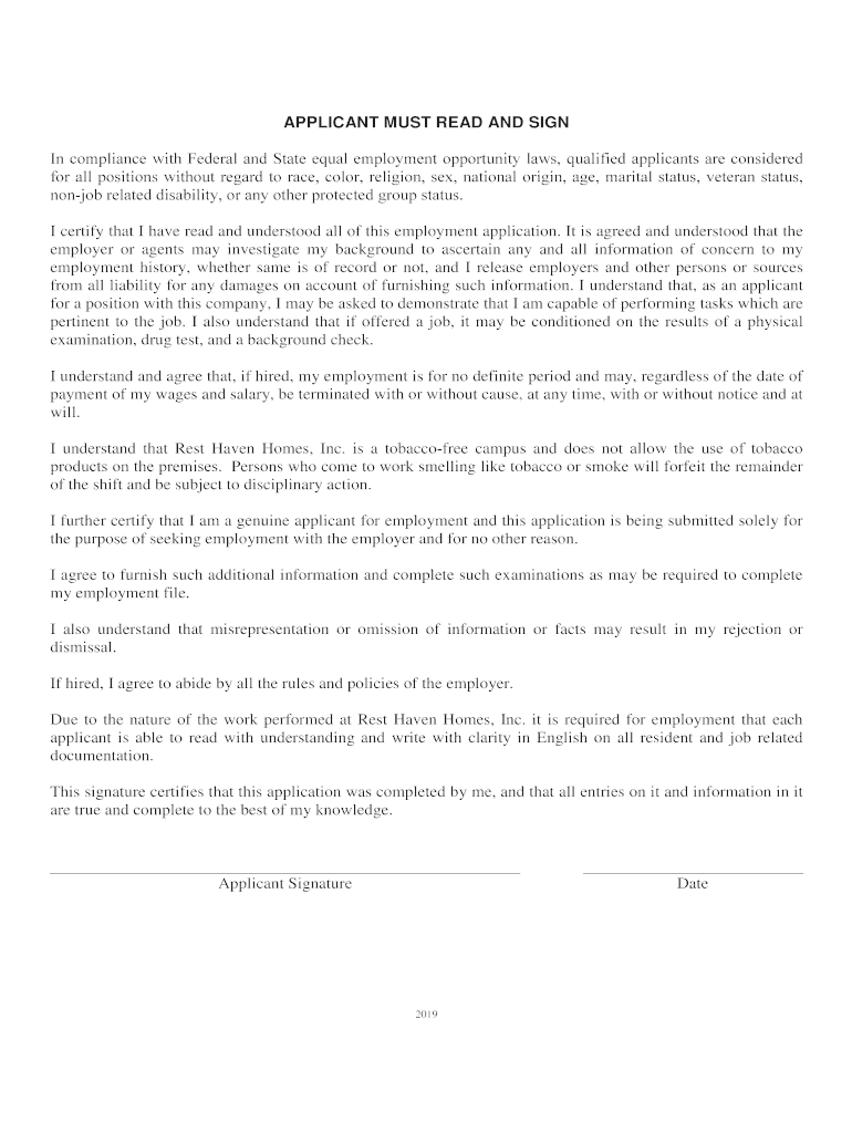 Fillable Online Application for Employment Rest Haven template3.25.13 ...