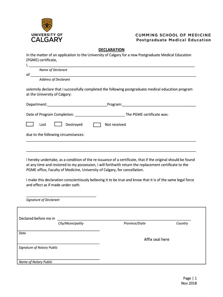 Fillable Online cumming ucalgary replacement-certificate-declaration-pgme-nov18-v1 Fax Email ...