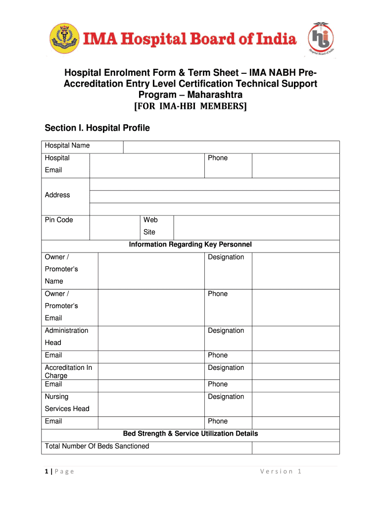 Fillable Online Hospital Enrolment Form & Term Sheet IMA NABH Pre ...