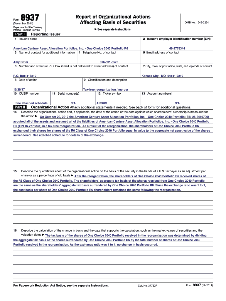 Fillable Online Form 8937, One Choice 2040 Portfolio R6. Form 8937, One ...