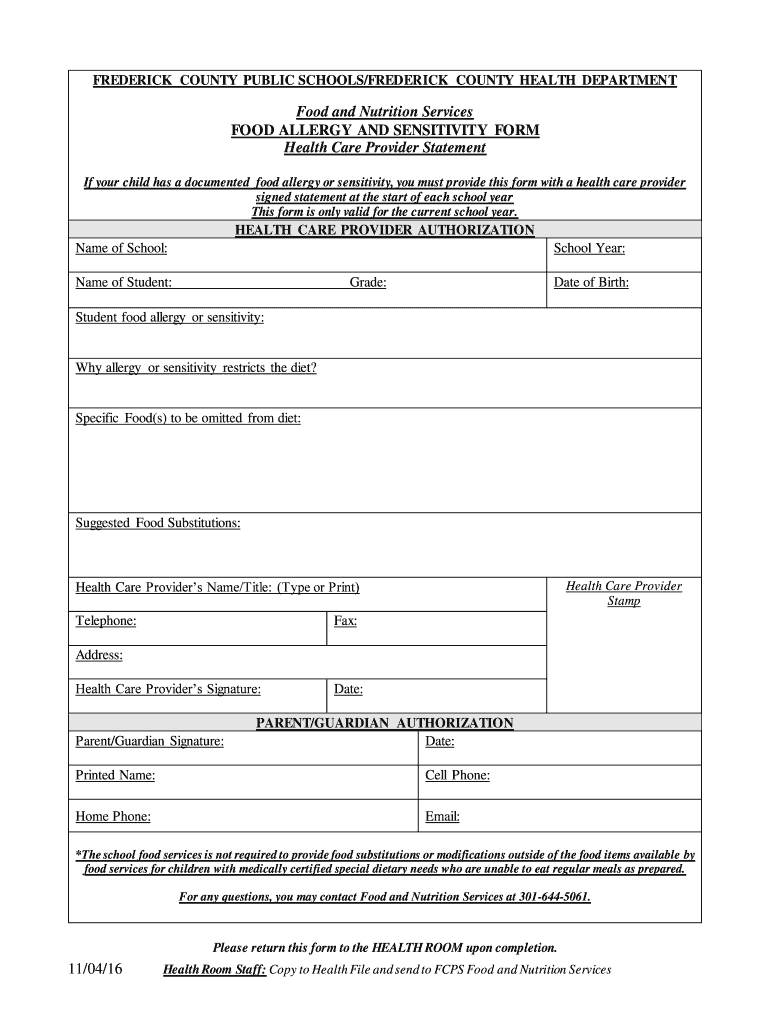 Fillable Online Food Allergy Sensitivity Form - ISITE Software / School ... Fax Email Print ...