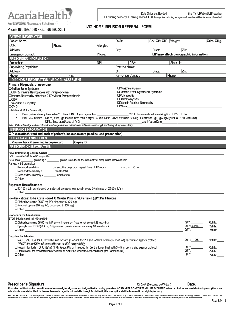 Fillable Online Acaria Health - IVIG Home Infusion Referral Form. IVIG ...