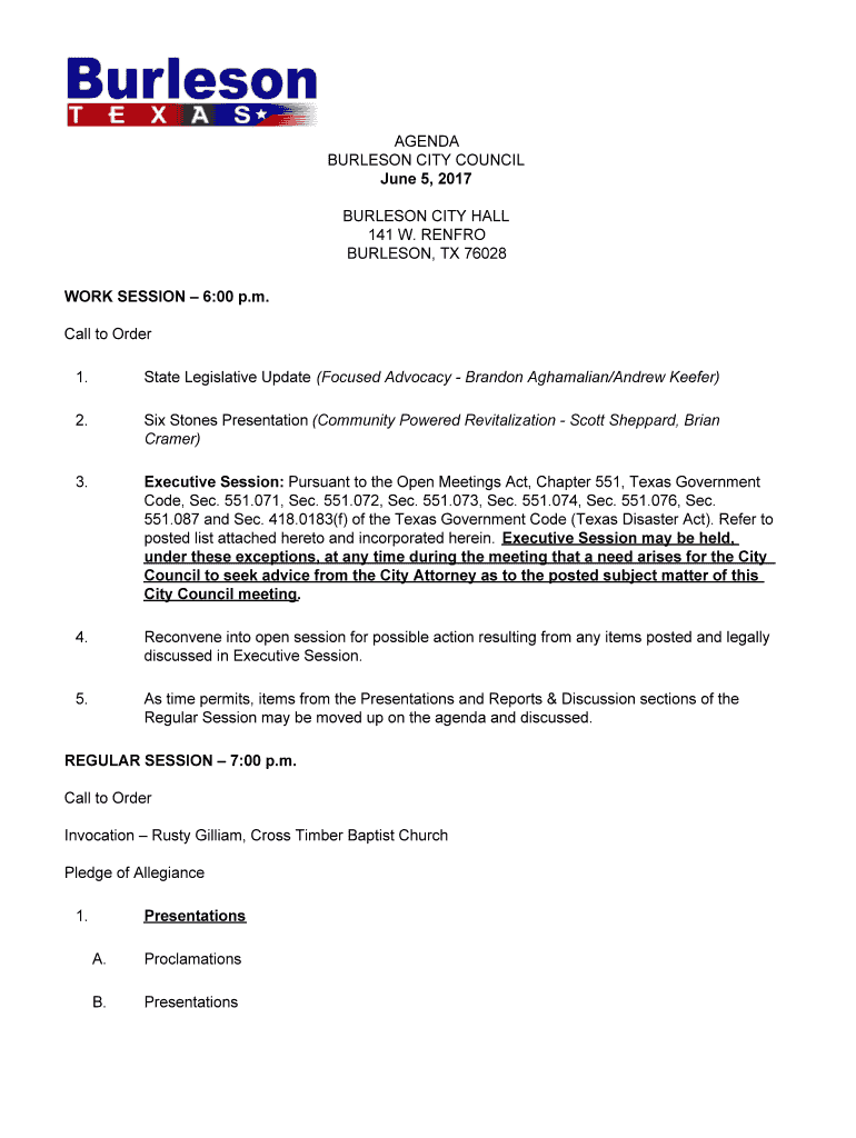 Fillable Online AGENDA BURLESON CITY COUNCIL BURLESON CITY HALL Fax ...