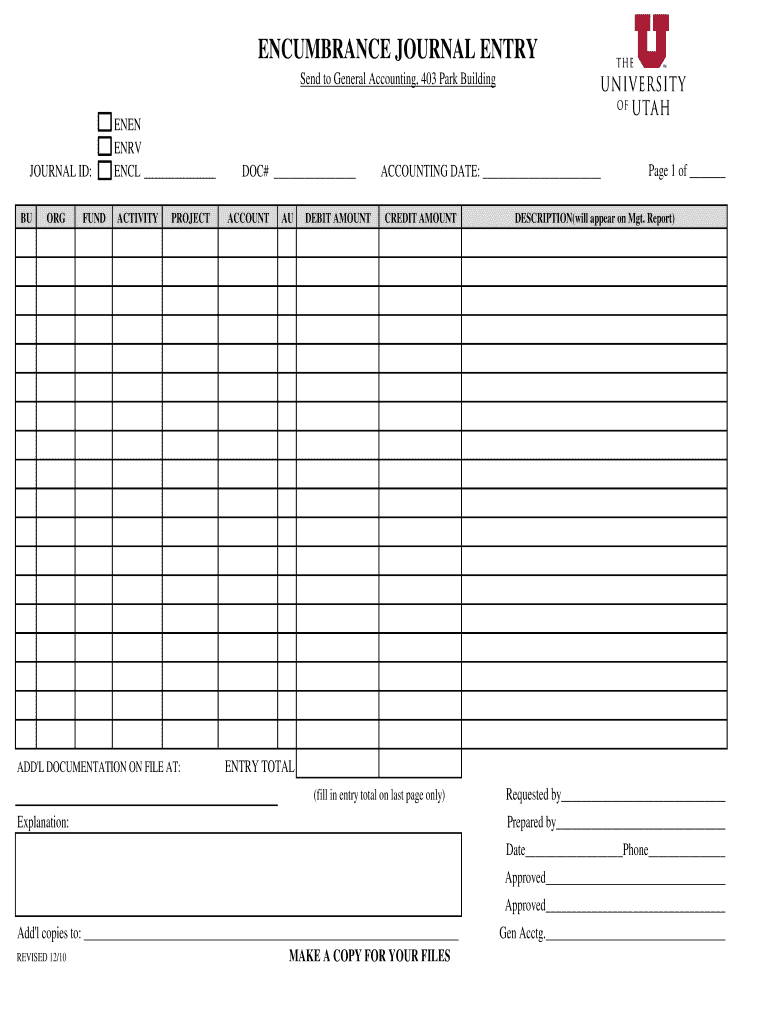 Fillable Online fbs admin utah ENCUMBRANCE JOURNAL ENTRY - fbs.admin.utah.edu Fax Email Print ...