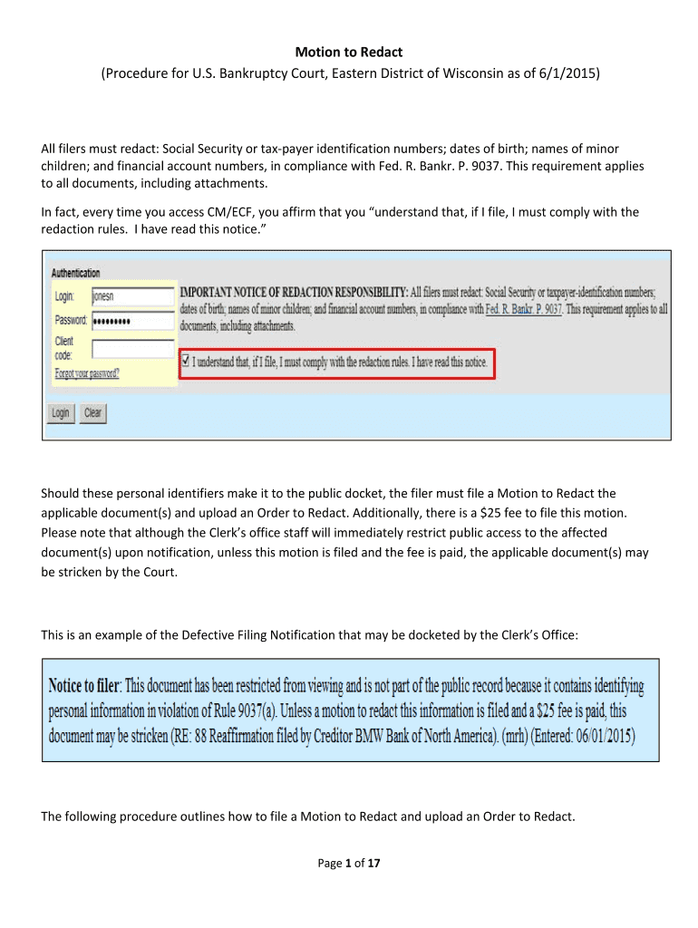 Fillable Online Redaction Procedures - United States Bankruptcy Court ...