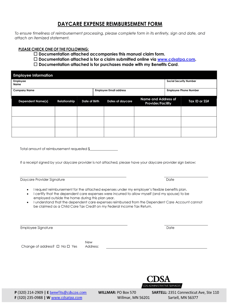 Fillable Online daycare expense reimbursement form - CDSA ...
