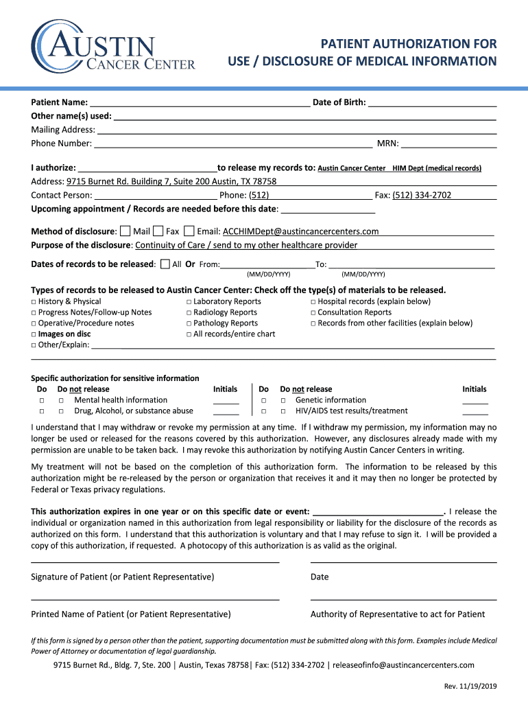 Fillable Online Authorization for Disclosure of Health Information ...