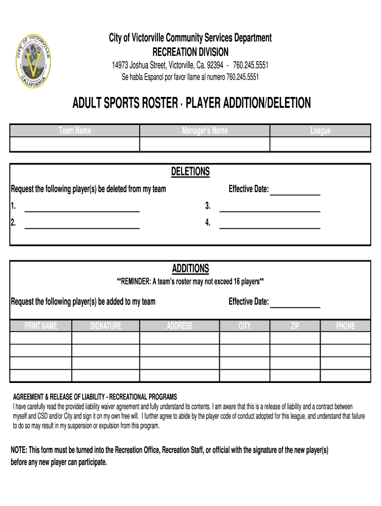 Fillable Online adult sports roster player addition/deletion - City of ...