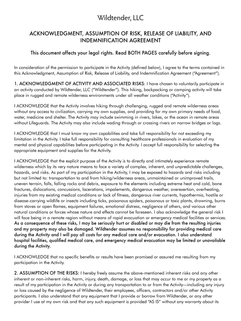 Fillable Online ACKNOWLEDGMENT, ASSUMPTION OF RISK, RELEASE OF ...