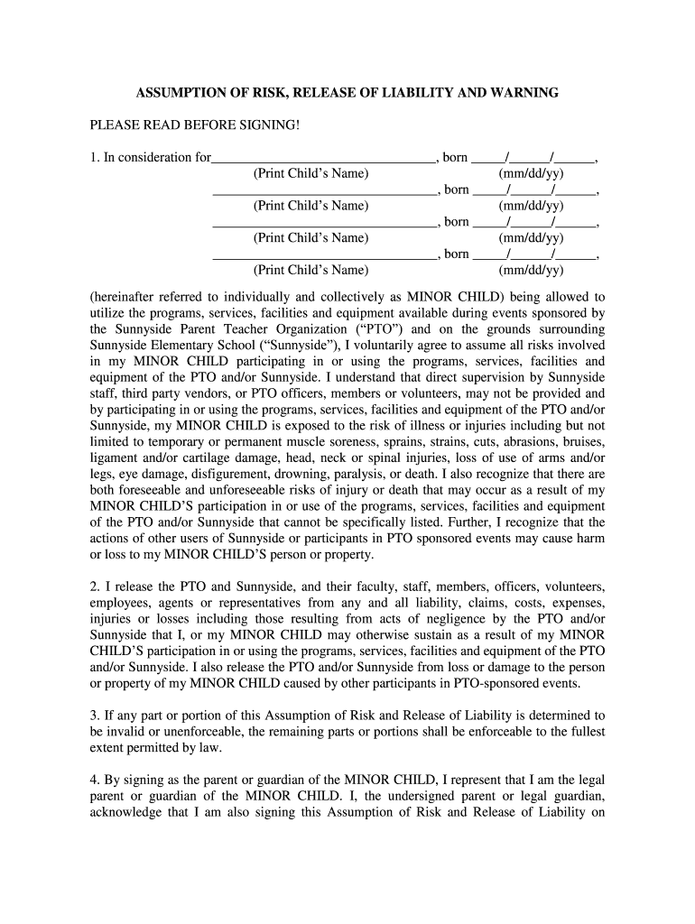 Fillable Online ASSUMPTION OF RISK, RELEASE OF LIABILITY AND WARNING ...