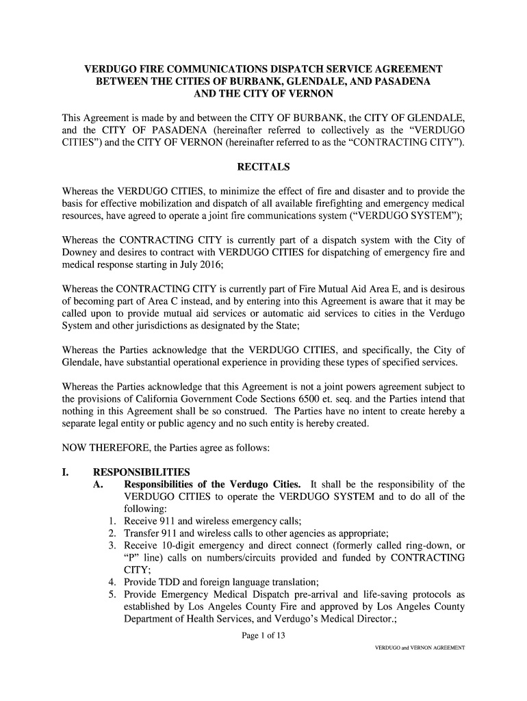 Fillable Online VERDUGO FIRE COMMUNICATIONS SERVICE AGREEMENT Fax Email ...