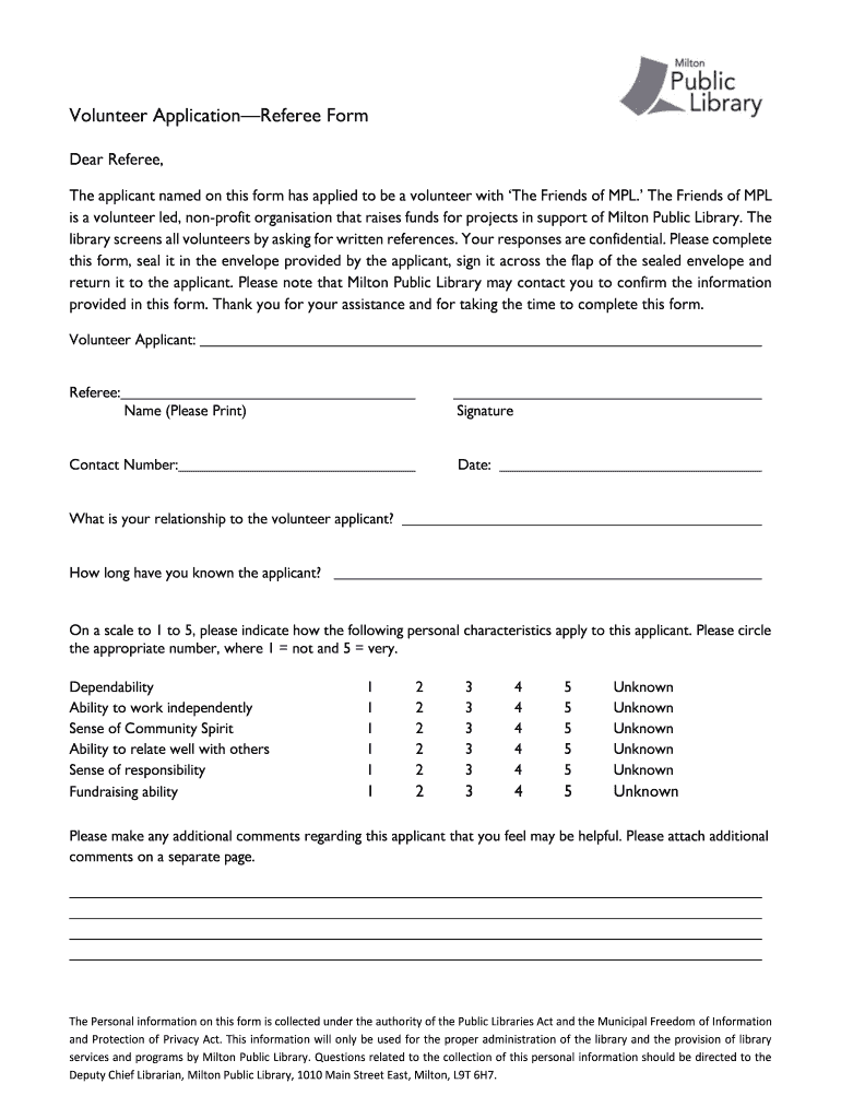 Fillable Online Volunteer Application Referee Form Fax Email Print ...
