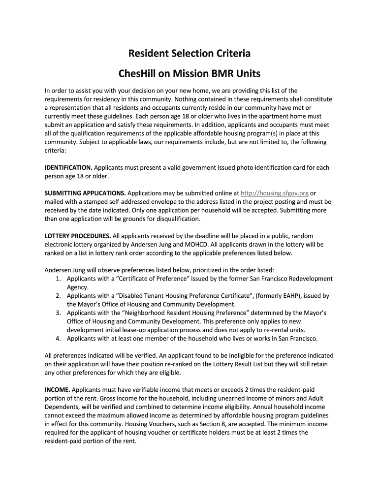 Fillable Online Resident Selection Criteria ChesHill on Mission BMR Units Fax Email Print ...