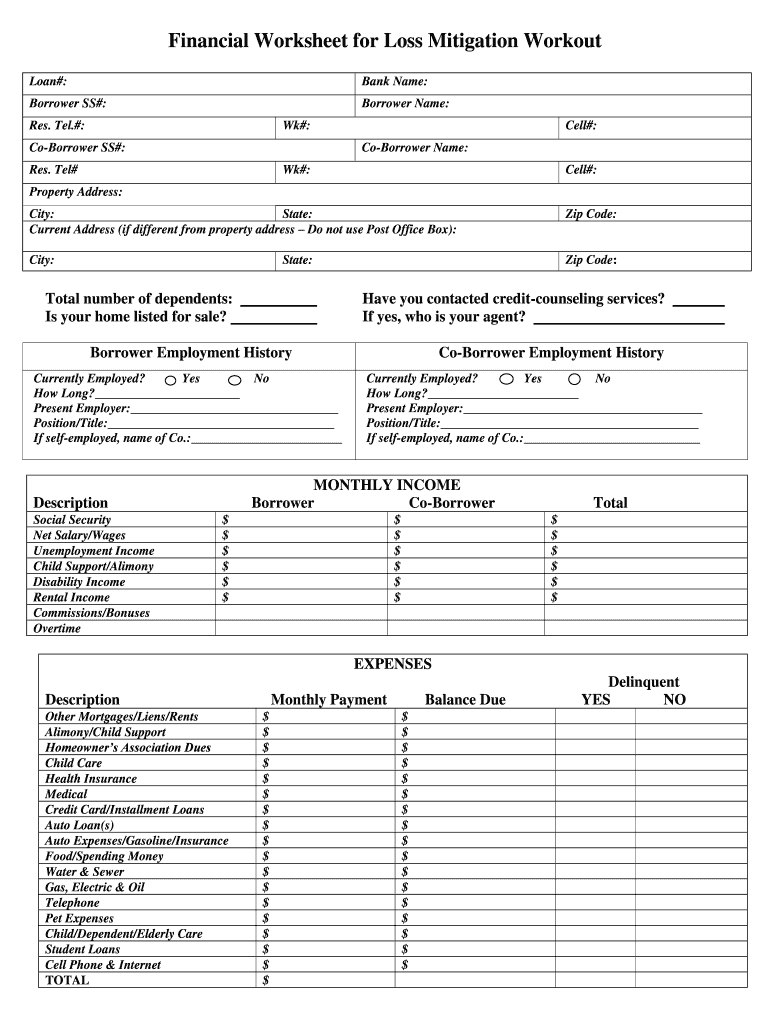 Fillable Online Financial Worksheet for Loss Mitigation Workout - Rick ...