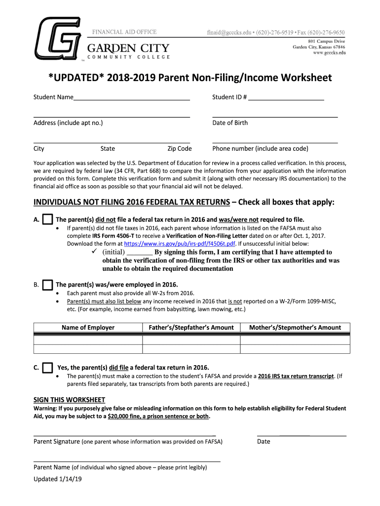 Fillable Online *UPDATED* 2018-2019 Parent Non-Filing/Income Worksheet ...