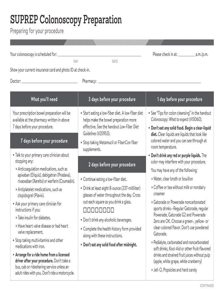 Fillable Online COLONOSCOPY CHECKLIST Instructions - UNC School of ...