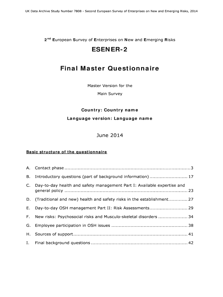 Fillable Online doc ukdataservice ac E S E N E R ESENER-2 Final Master ... - UK Data Service Fax ...