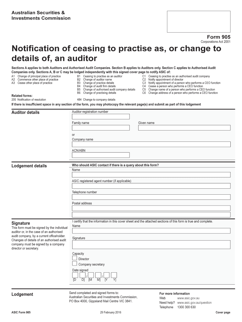 Fillable Online 905 Notification of ceasing to practise as, or change to details ... Fax Email ...