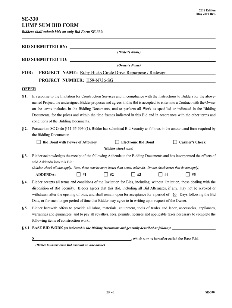 Fillable Online se-332 unit price bid form - S.C. Procurement Services ...