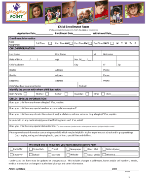 Fillable Online CHILDS FACE SHEET / ENROLLMENT FORM For Center Use ONLY ...