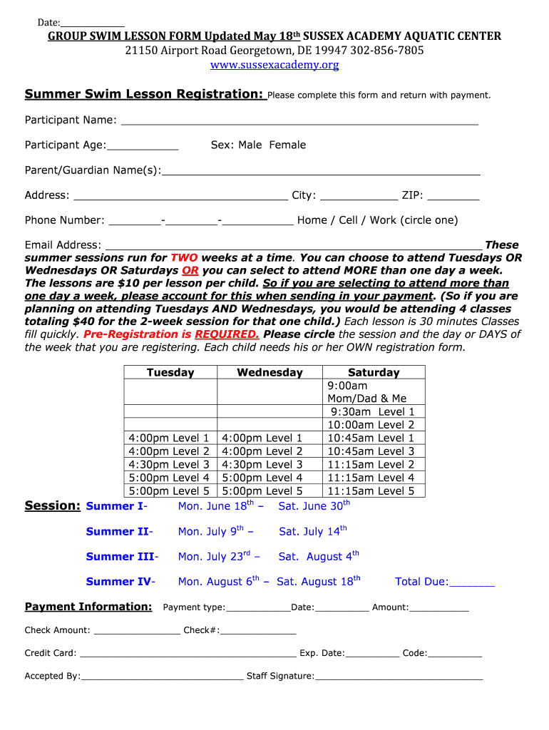 Fillable Online Summer Swim Lesson Registration Fax Email Print - pdfFiller