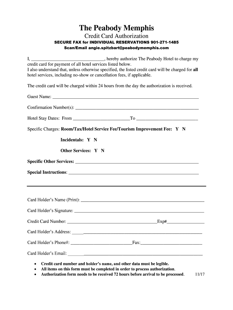 Fillable Online Credit Card Authorization Form - The Peabody Memphis ...