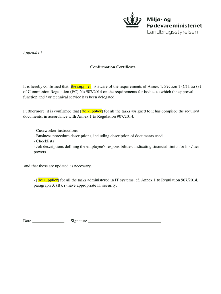 Fillable Online Appendix 3 Confirmation Certificate It is hereby ...