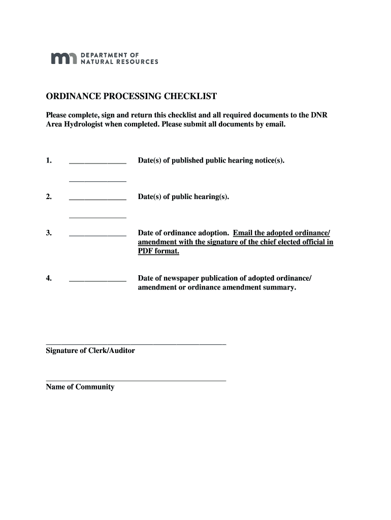 Fillable Online files dnr state mn ORDINANCE CERTIFICATION CHECKLIST ...