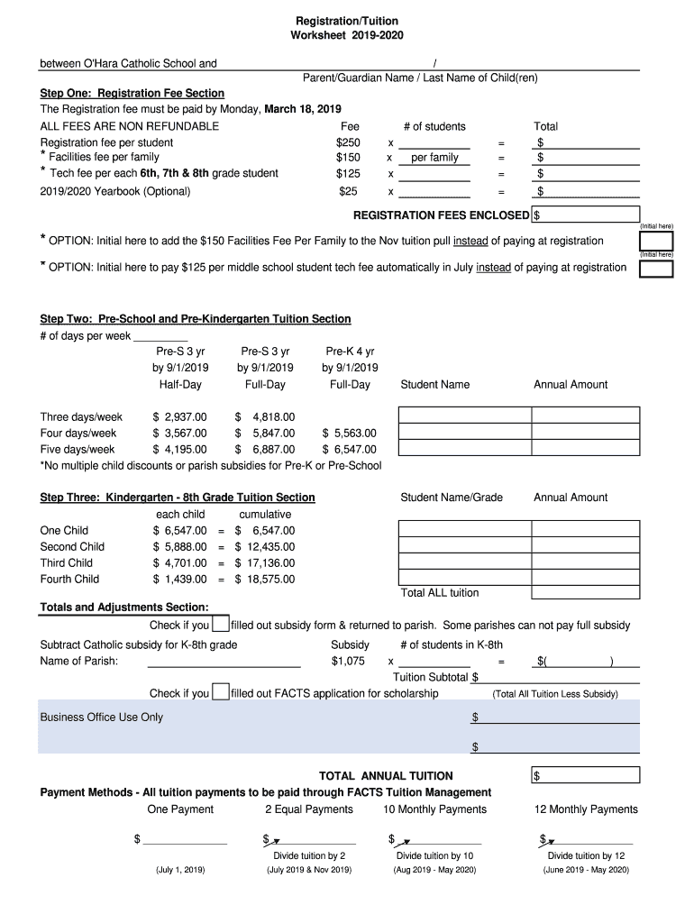 Fillable Online Registration/Tuition Worksheet 2019-2020 between O'Hara ...