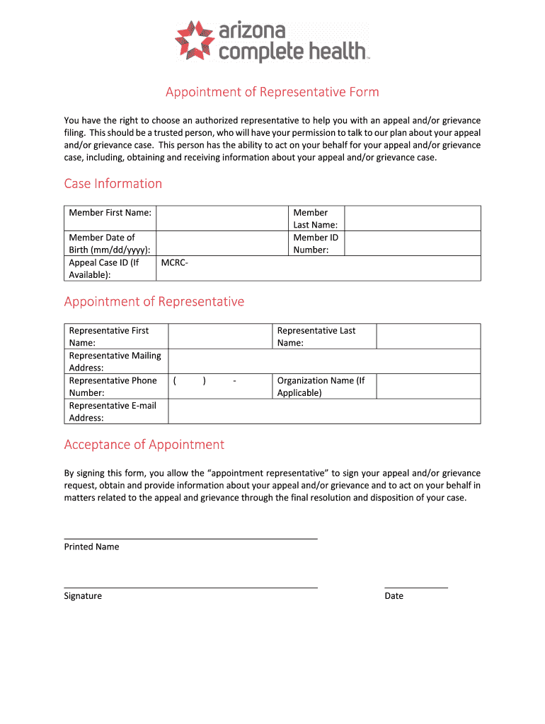 Fillable Online Appointment of Representative Form - Ambetter Arizona ...