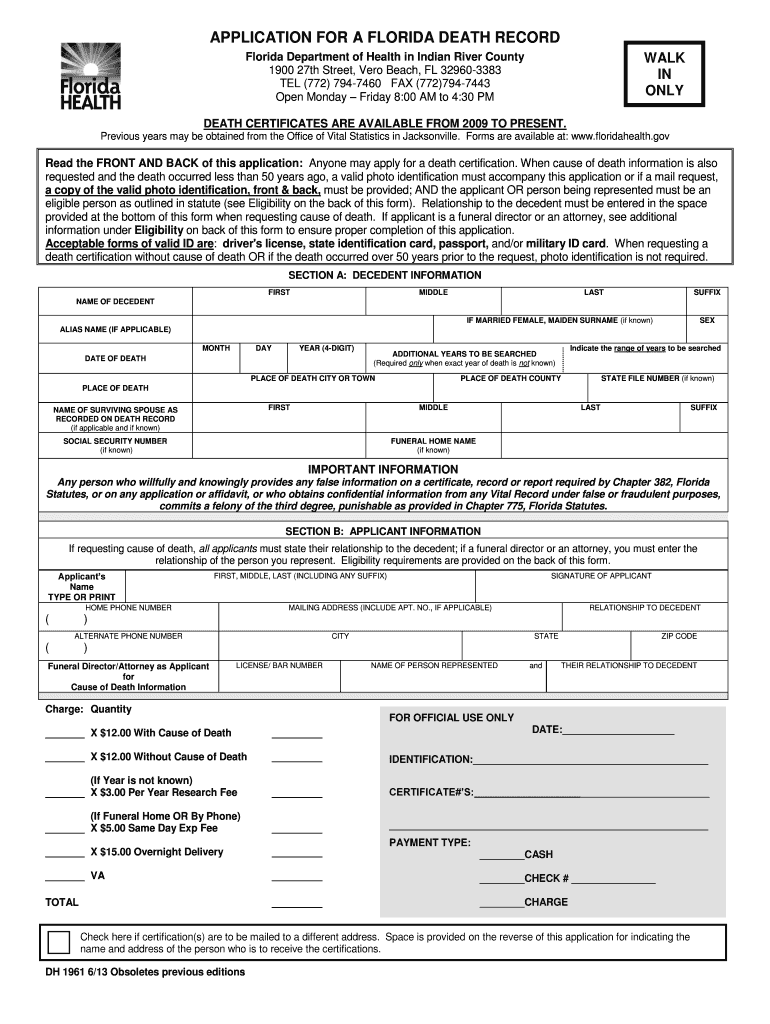 Fillable Online Application for a Florida Death Record - Walk In Only ...