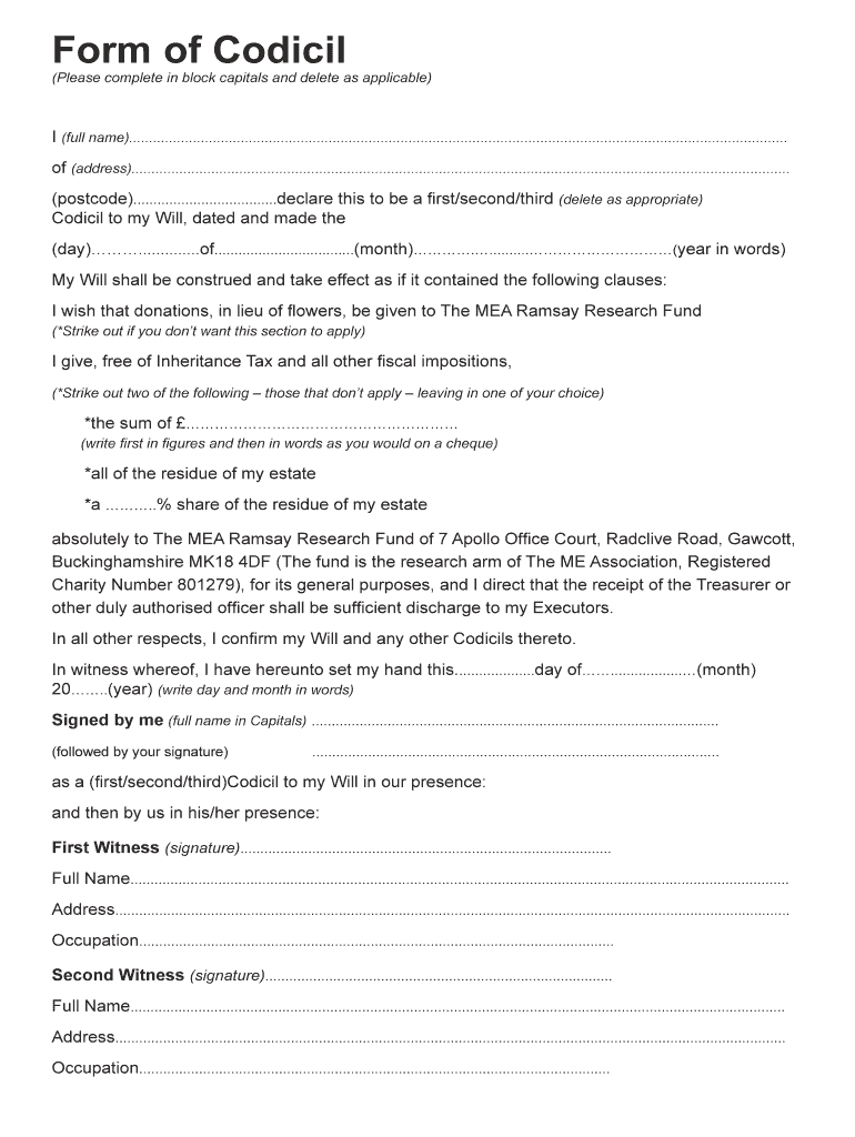 Fillable Online Codicil form - Turn2us Fax Email Print - pdfFiller