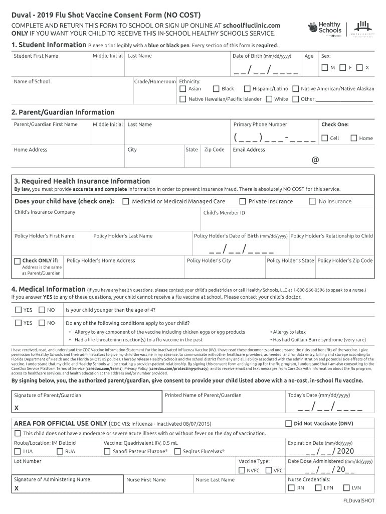 Fillable Online Duval - 2019 Flu Shot Vaccine Consent Form (NO COST ...