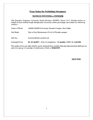 Fillable Online Press Notice for Publishing Newspaper NOTICE INVITING e ...