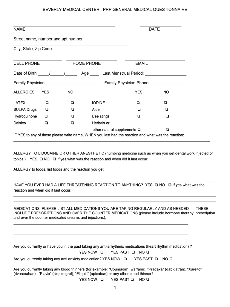 Fillable Online prp general medical questionnaire - Beverly Medical ...